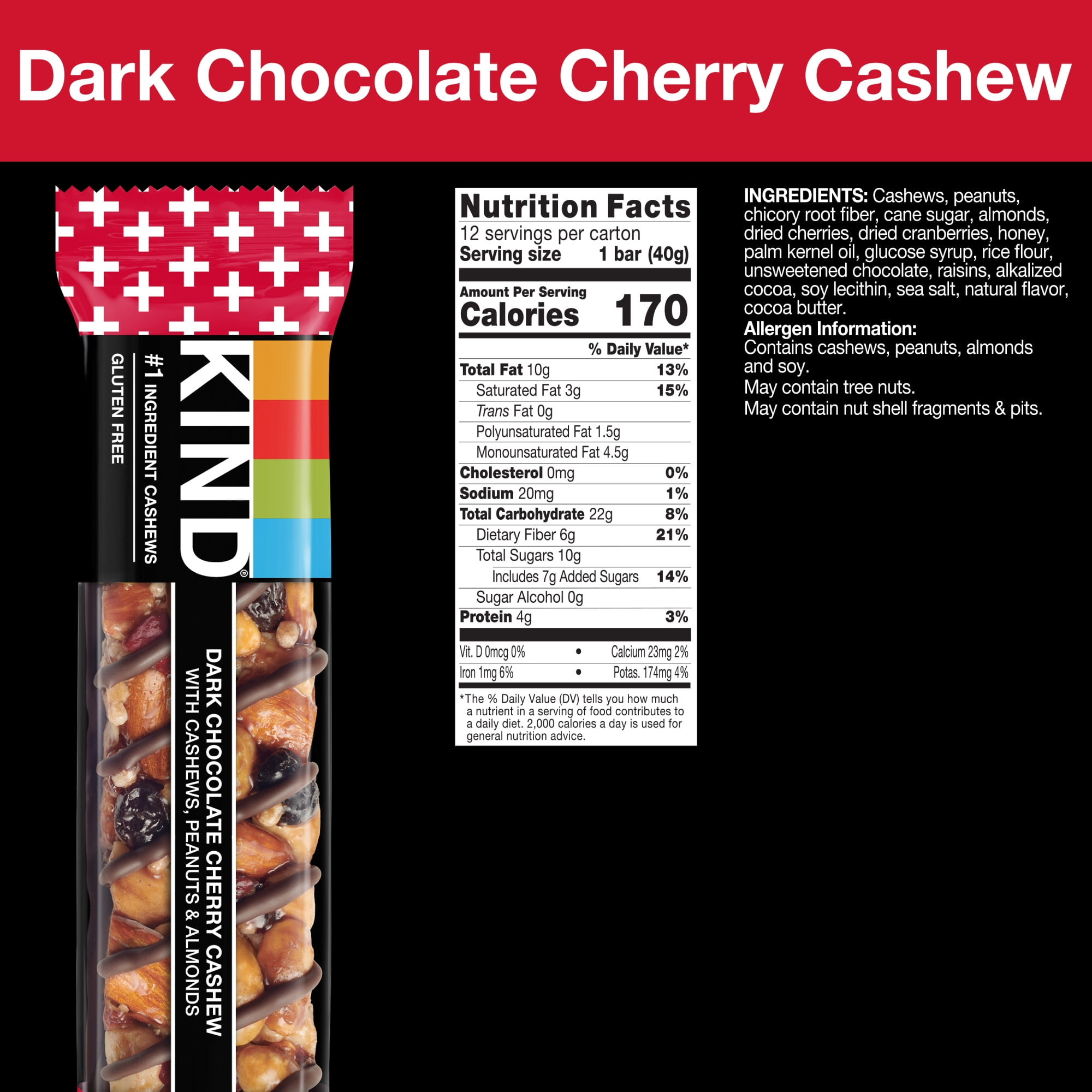 KIND Gluten Free Ready to Eat Dark Chocolate Cherry Cashew Snack, Value ...